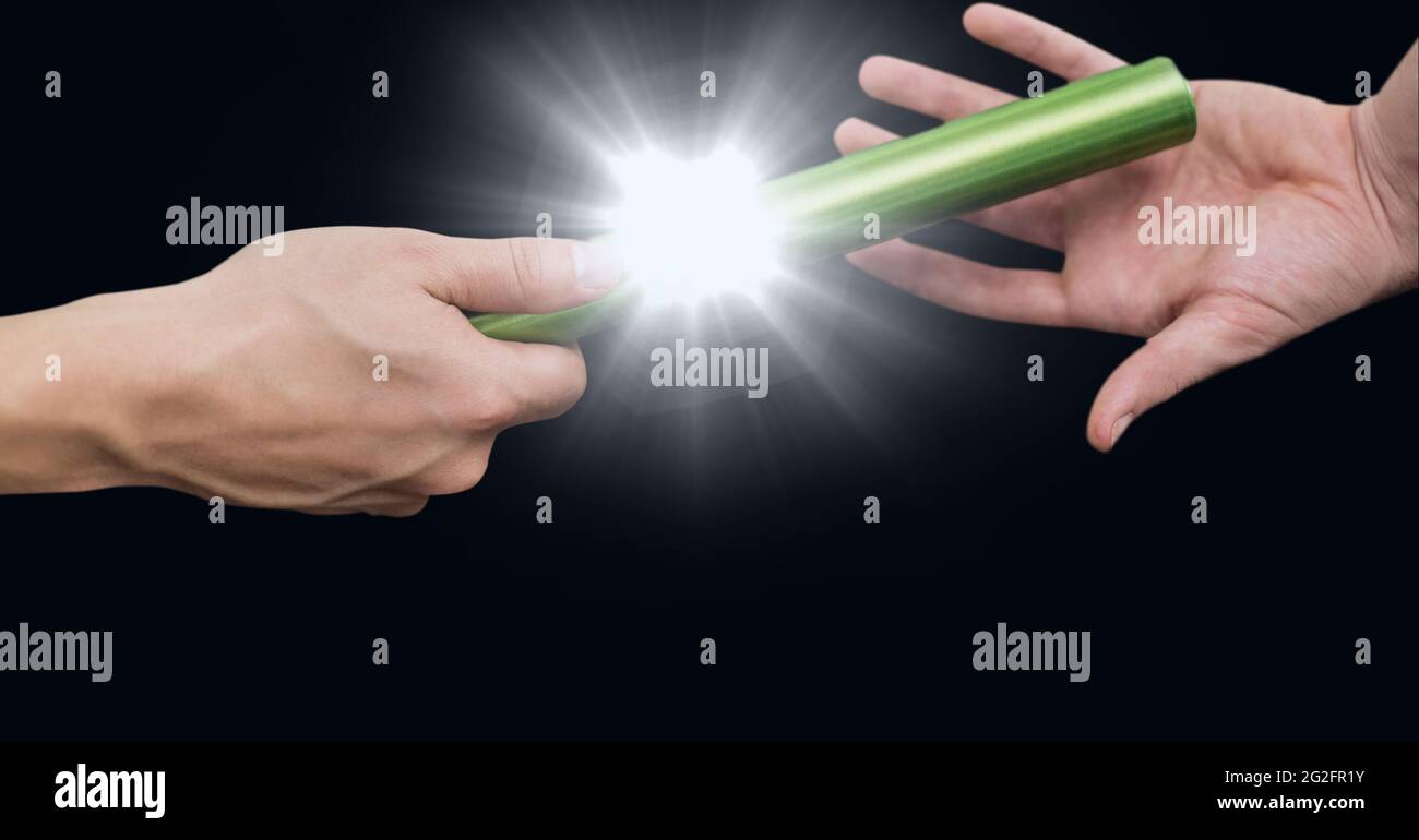 Composition of caucasian athletes passing green relay baton with ...