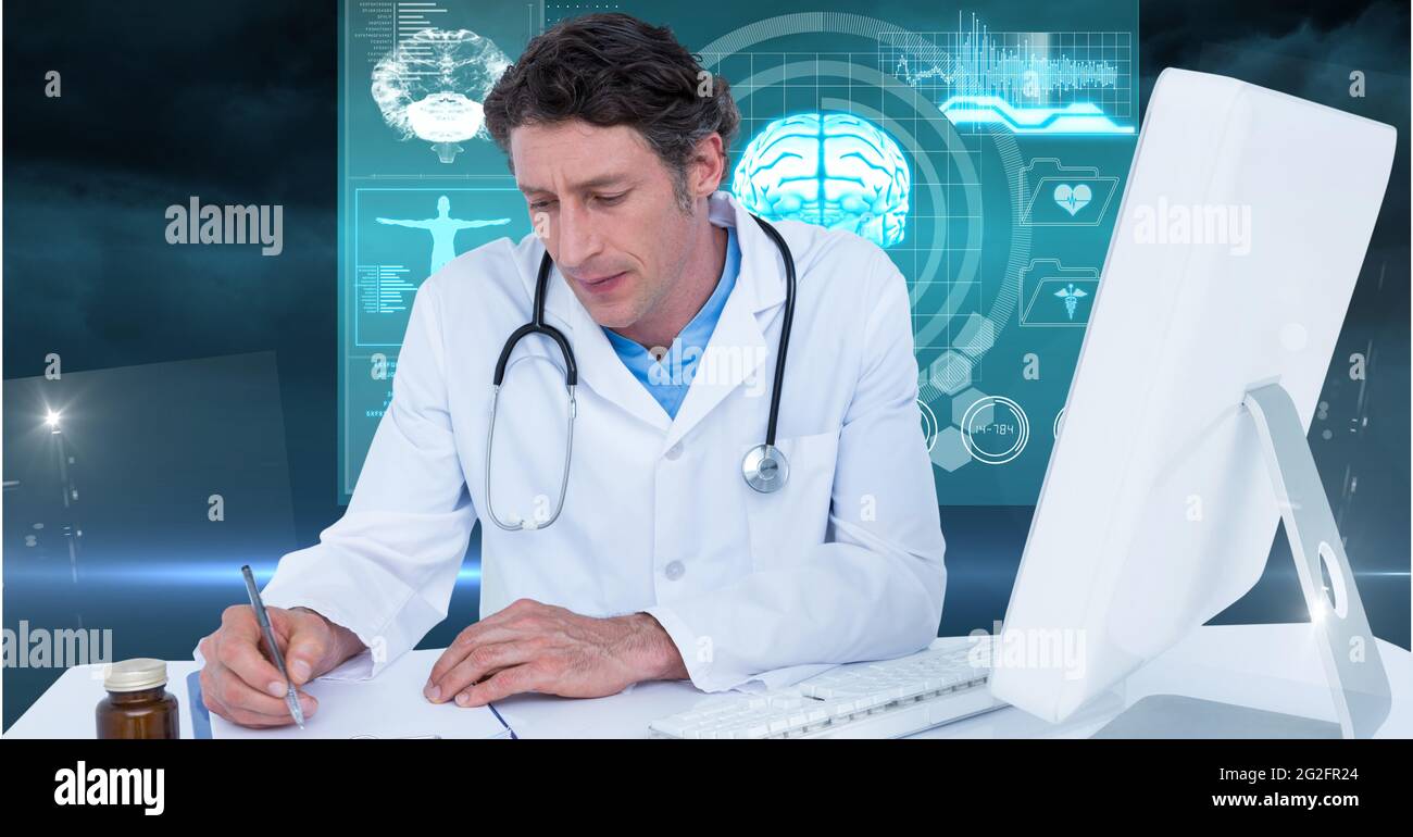 Composition of male doctor over screen with human brain and medical ...