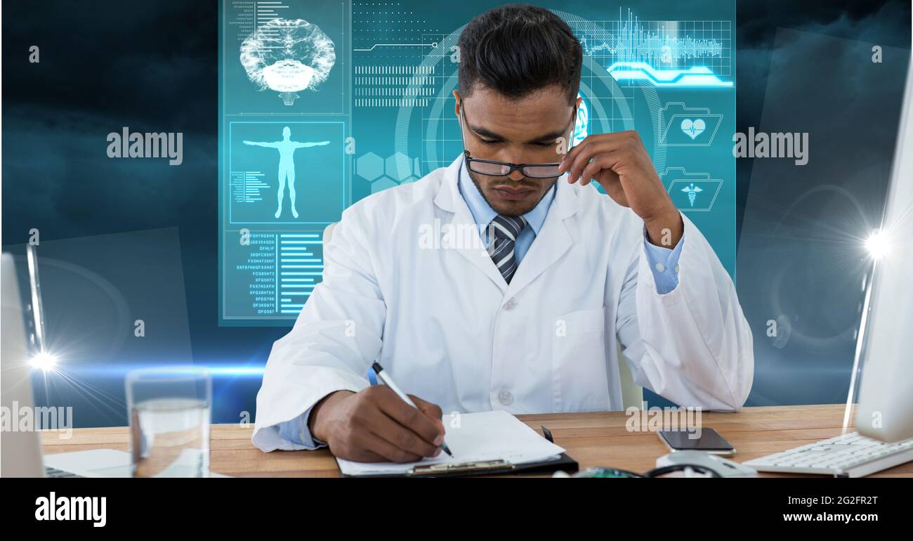 Composition of male doctor over screen with human brain and medical ...