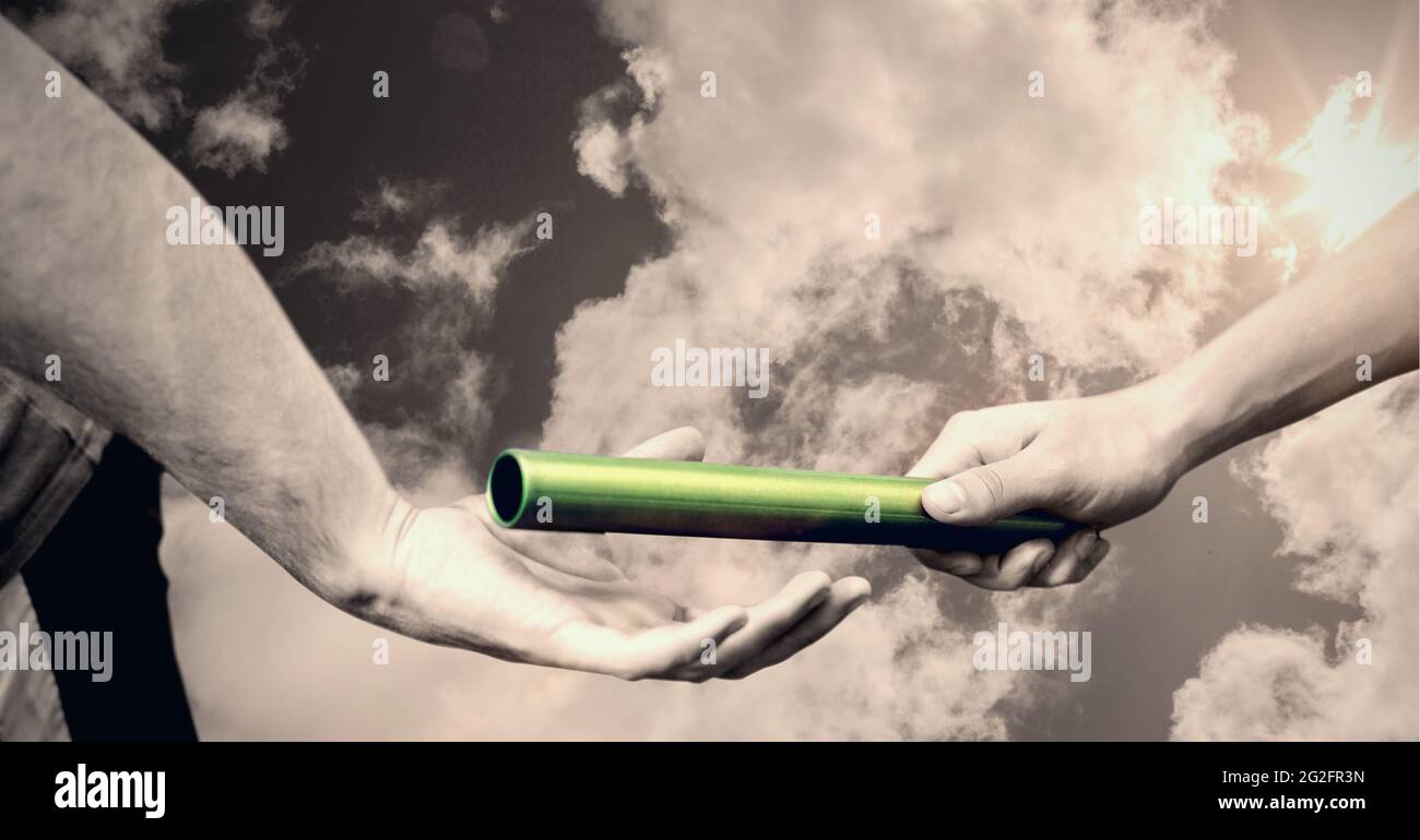 Composition of midsection of caucasian athletes passing green relay ...
