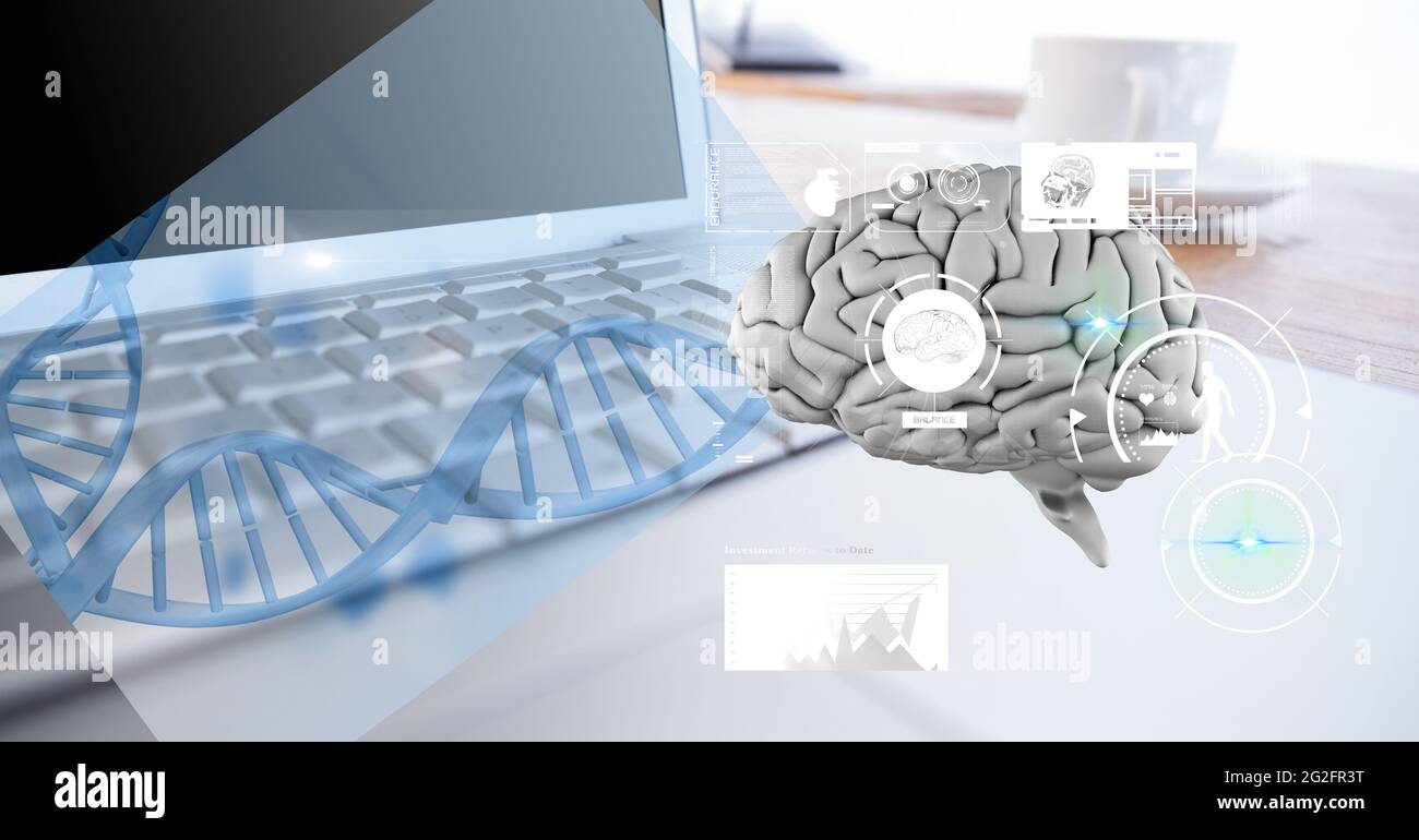 Composition of human brain and medical data processing over desk with ...