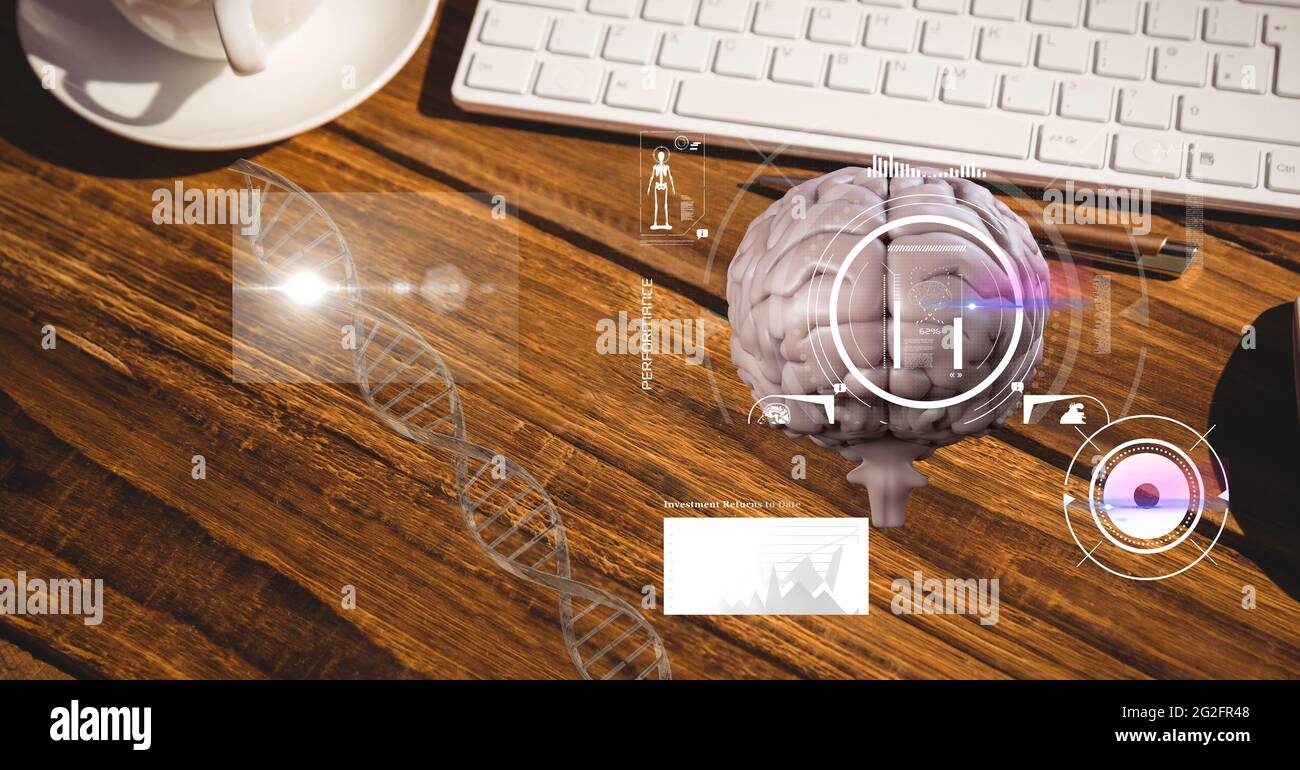 Composition of human brain and medical data processing over desk with ...
