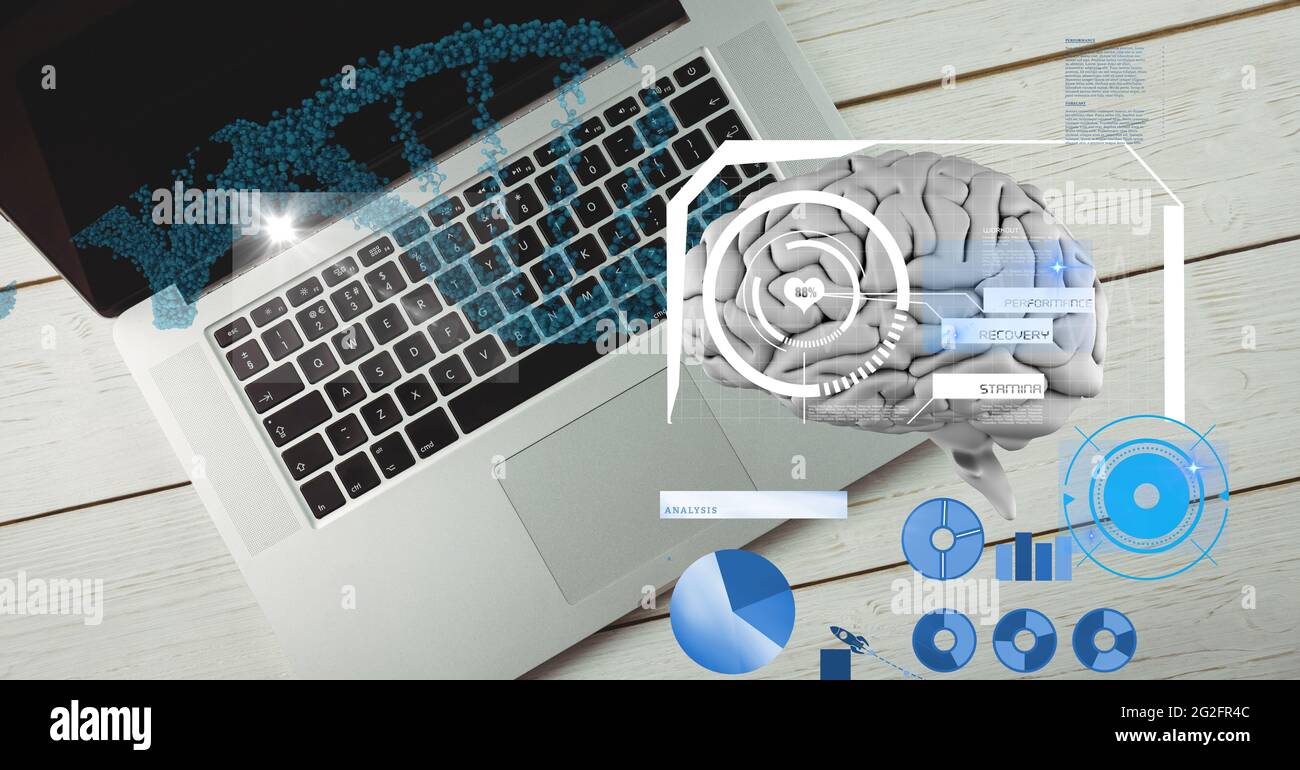 Composition of human brain and medical data processing over desk with ...
