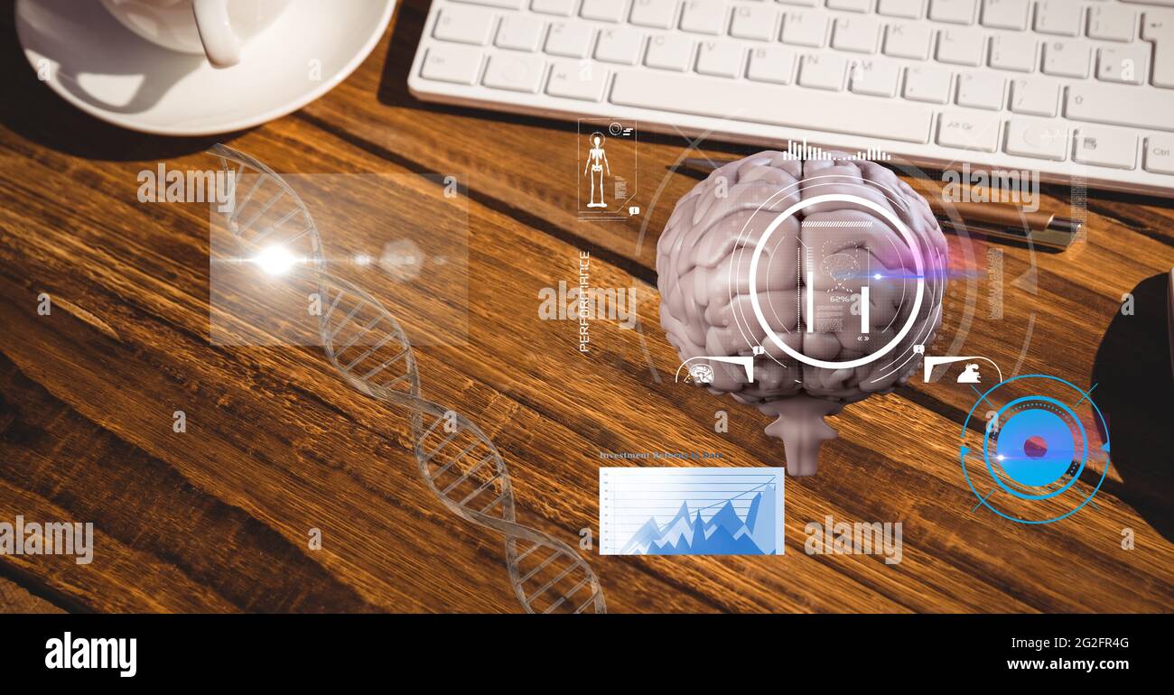 Composition of human brain and medical data processing over desk with ...