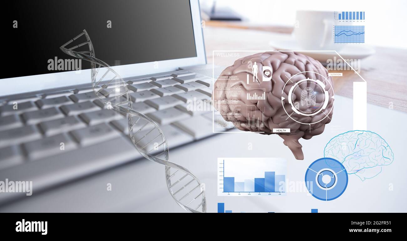 Composition of human brain and medical data processing over desk with ...