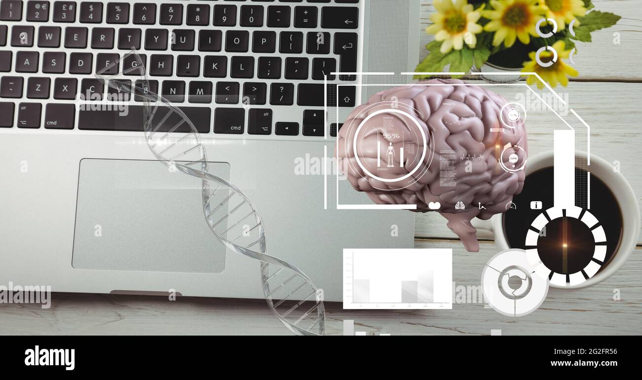 Composition of human brain and medical data processing over desk with ...