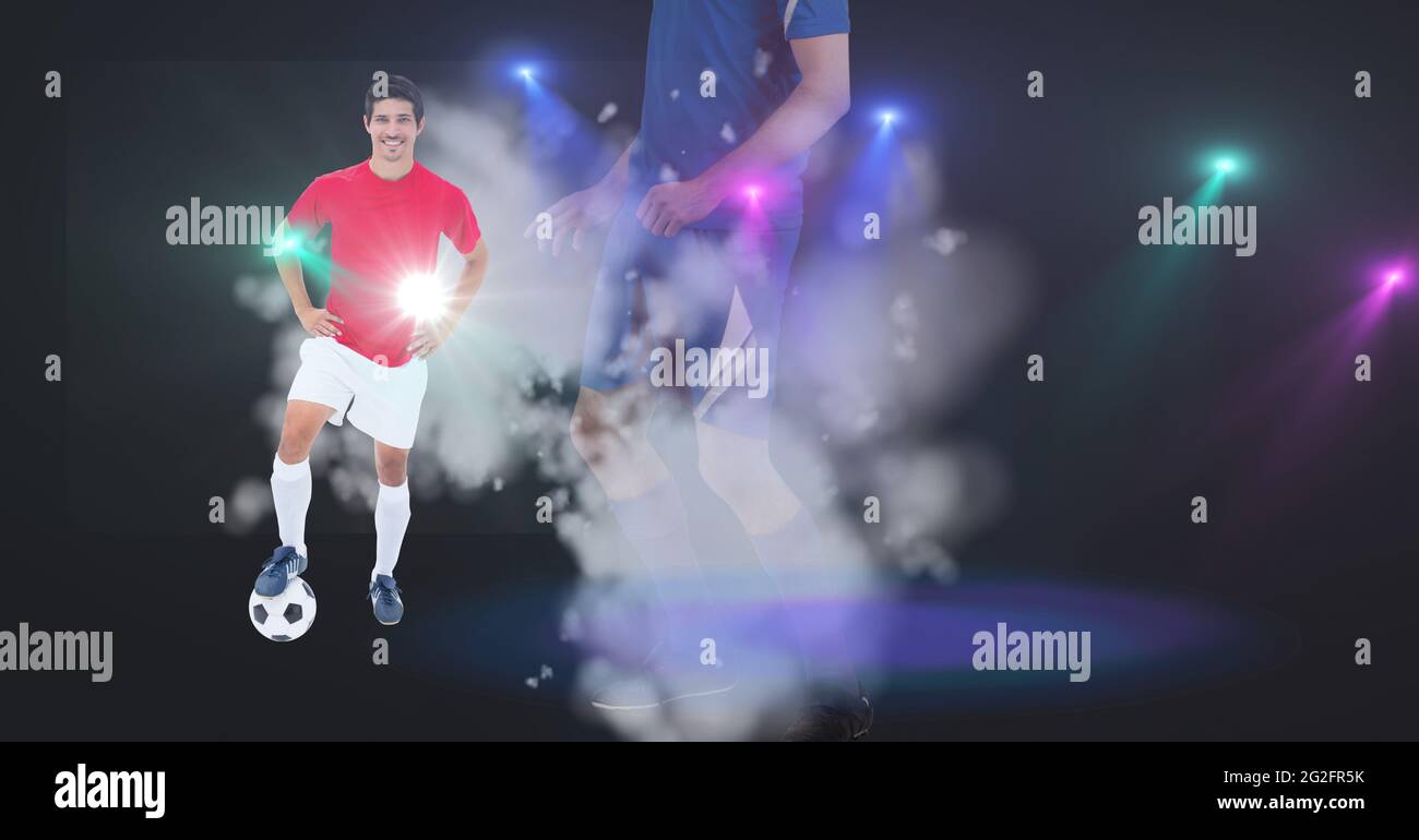 Composition of two football players with football and glowing ...