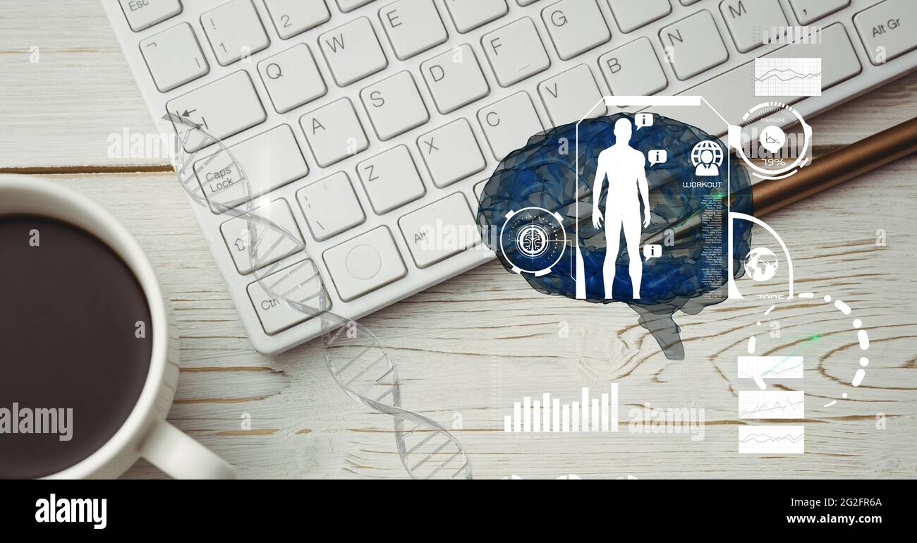 Composition of human brain and medical data processing over desk with ...