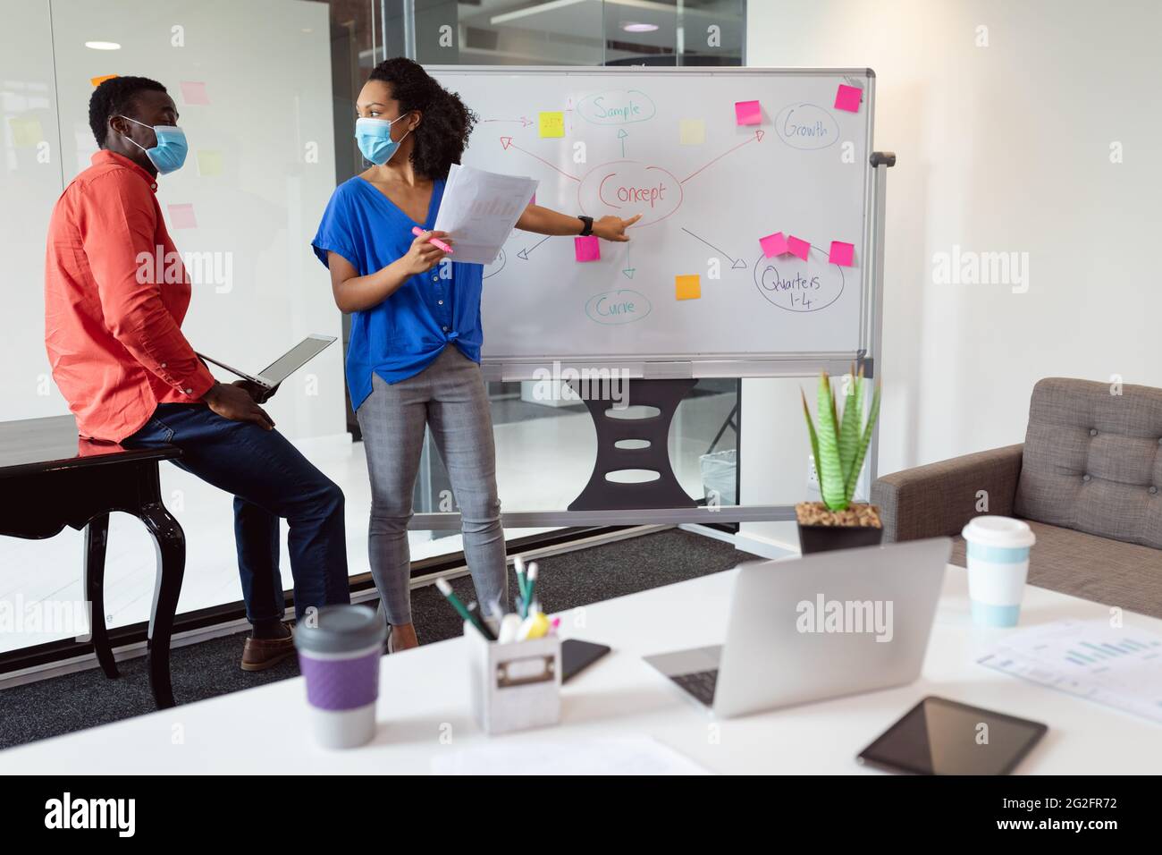 Diverse male and female colleague in face masks brainstorming at ...