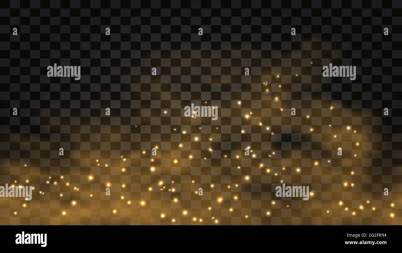 Golden smoke with glow effect. Abstract gold fog with light sparkles, star dust, glitter. Vector ...