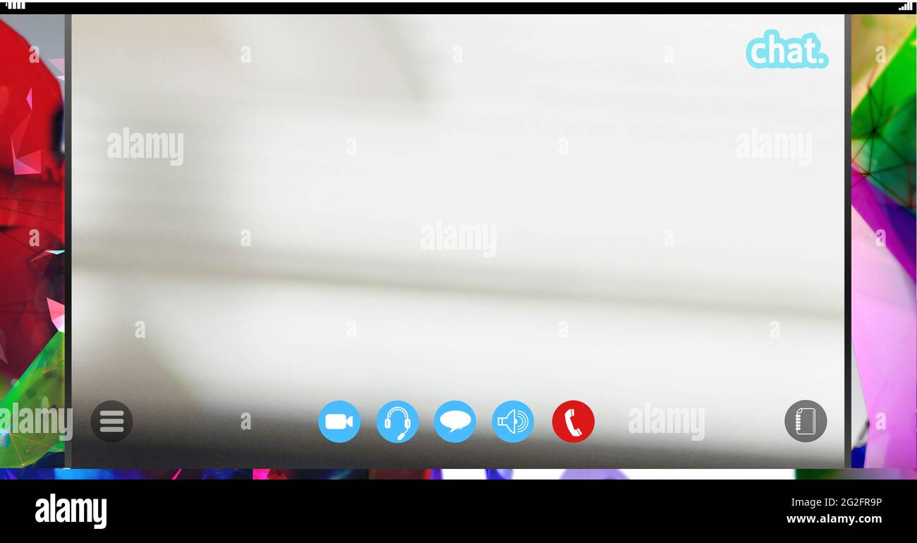 Composition of video call interface screen over colorful background ...