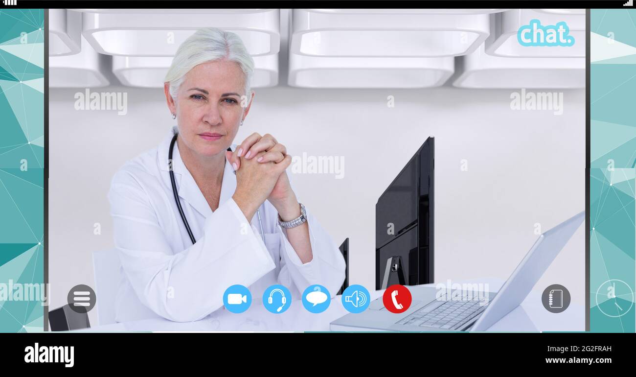 Composition of female doctor using laptop on video call interface ...