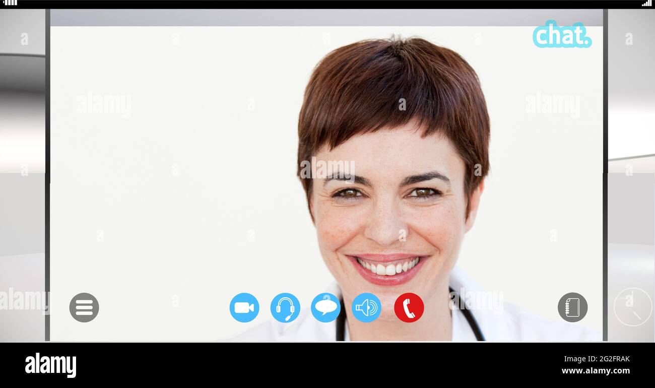 Composition of female doctor smiling on video call interface screen ...