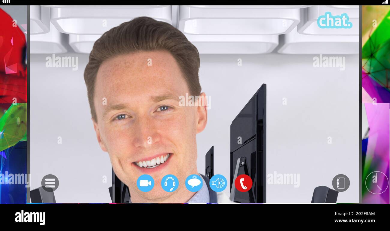 Composition of male doctor smiling on video call interface screen Stock ...