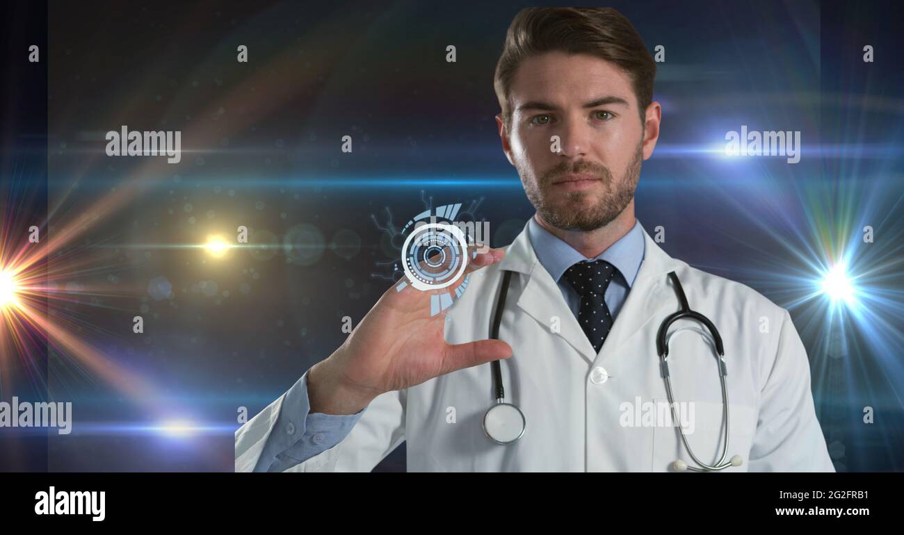 Composition of male doctor using virtual screen on black background ...