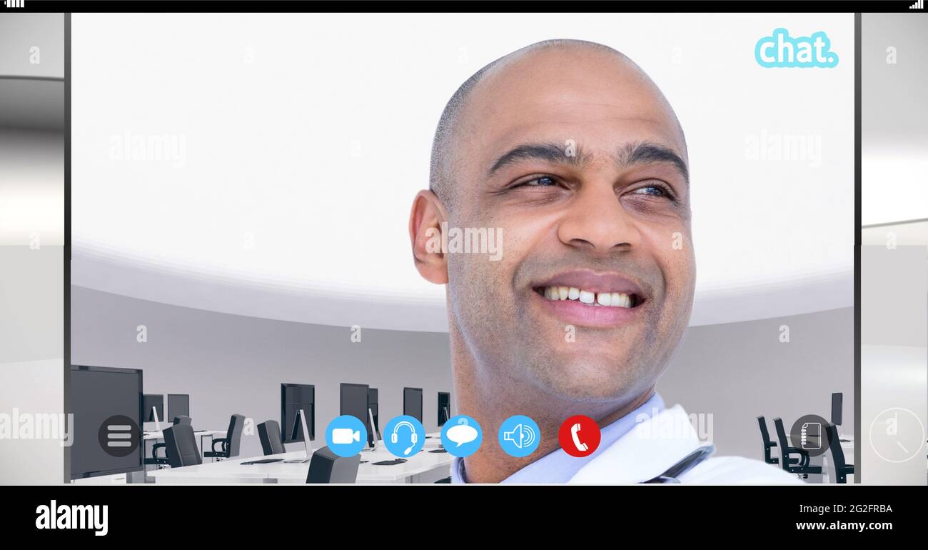 Composition of male doctor smiling on video call interface screen Stock ...