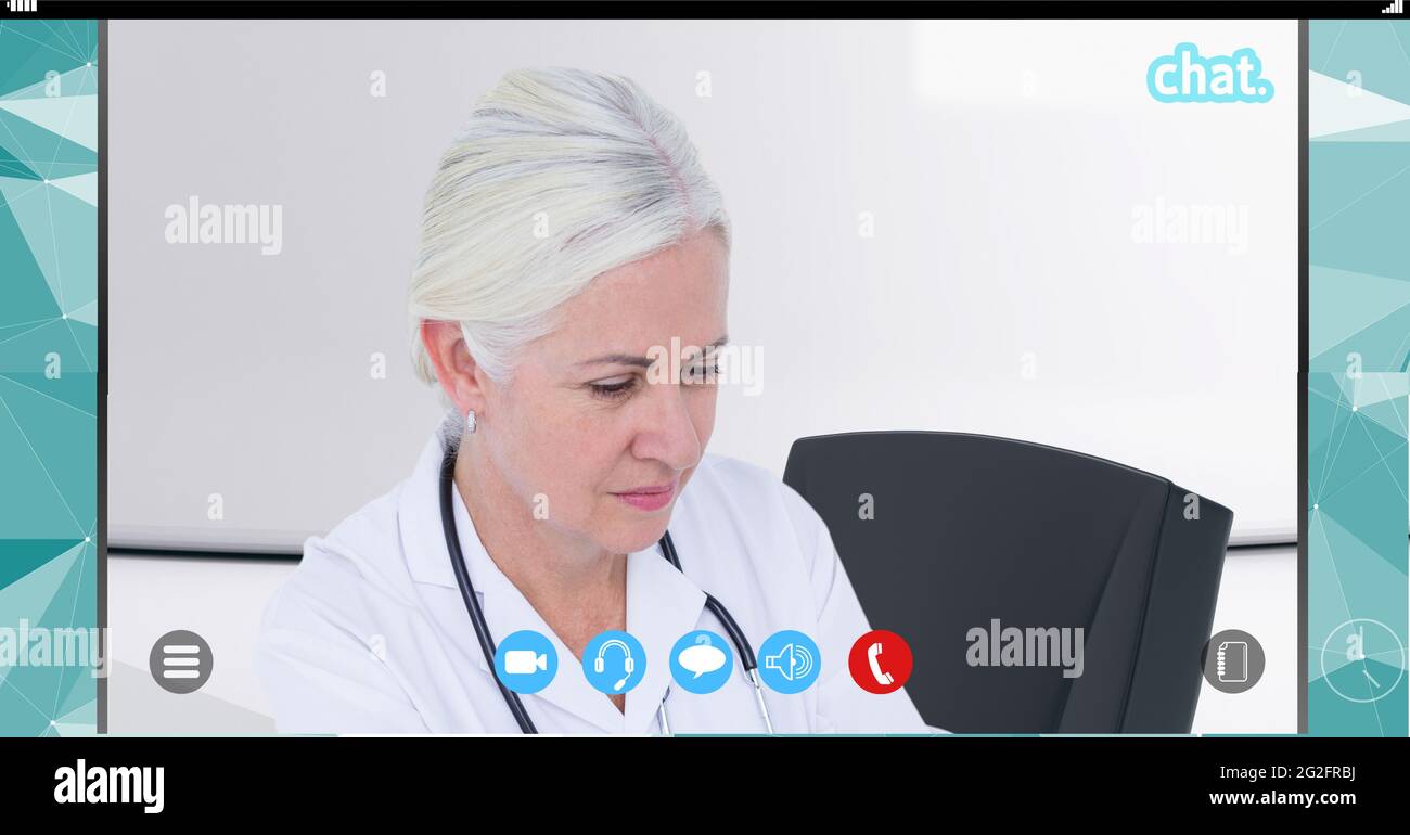 Composition of female doctor on video call interface screen Stock Photo ...