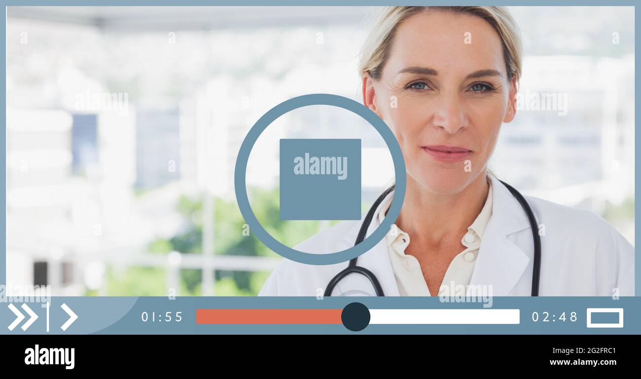 Composition of female doctor smiling on video playback interface screen ...