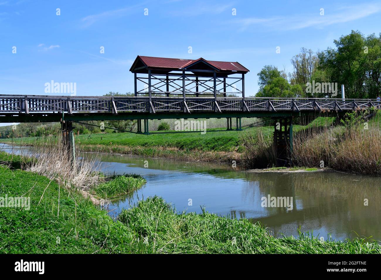 Austria, the rebuilt historical bridge of Andau over Einserkanal river ...
