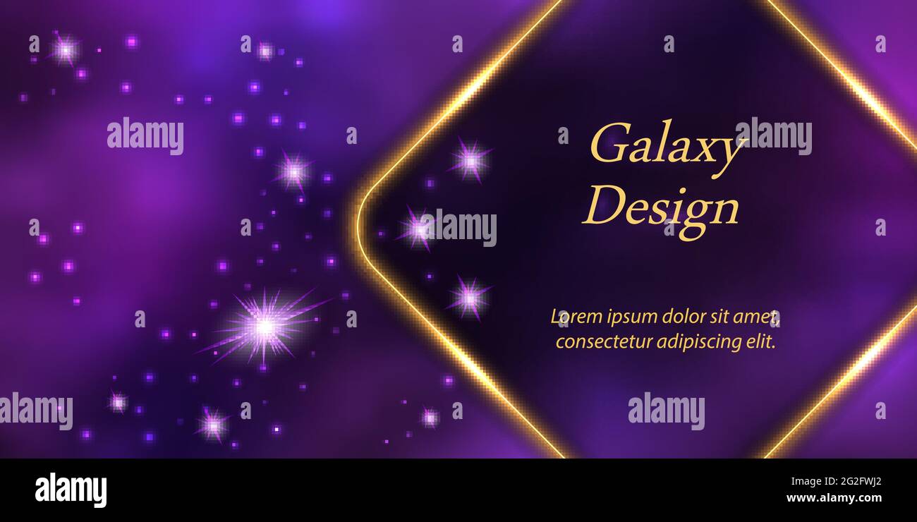 Golden glowing frame on galaxy space background. Gold rhumb border and ...
