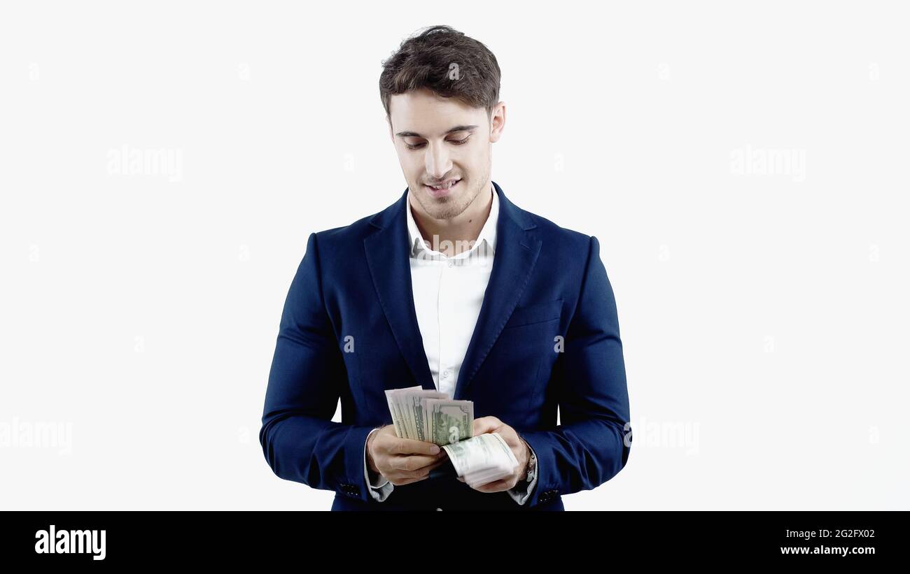 Successful businessman counting dollars isolated on white Stock Photo ...