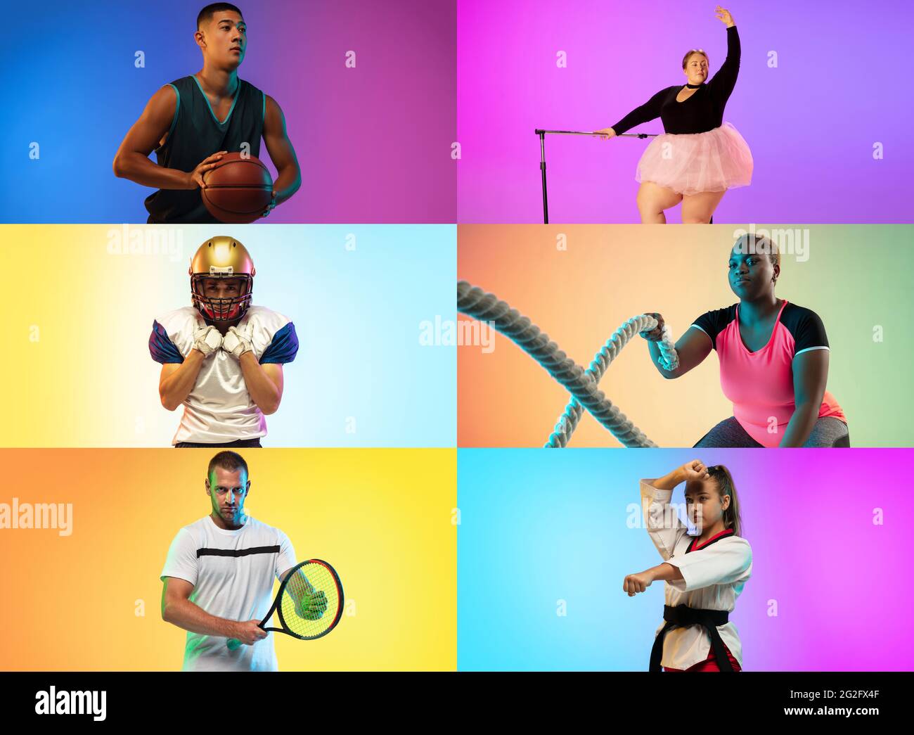 Collage of different professional sportsmen, fit people in action and ...