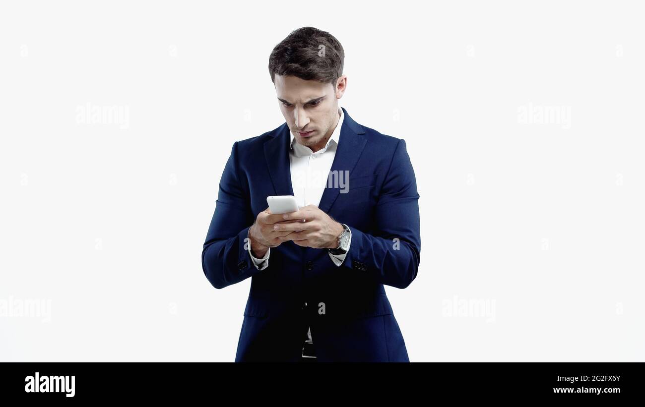 Concentrated manager using mobile phone isolated on white Stock Photo ...