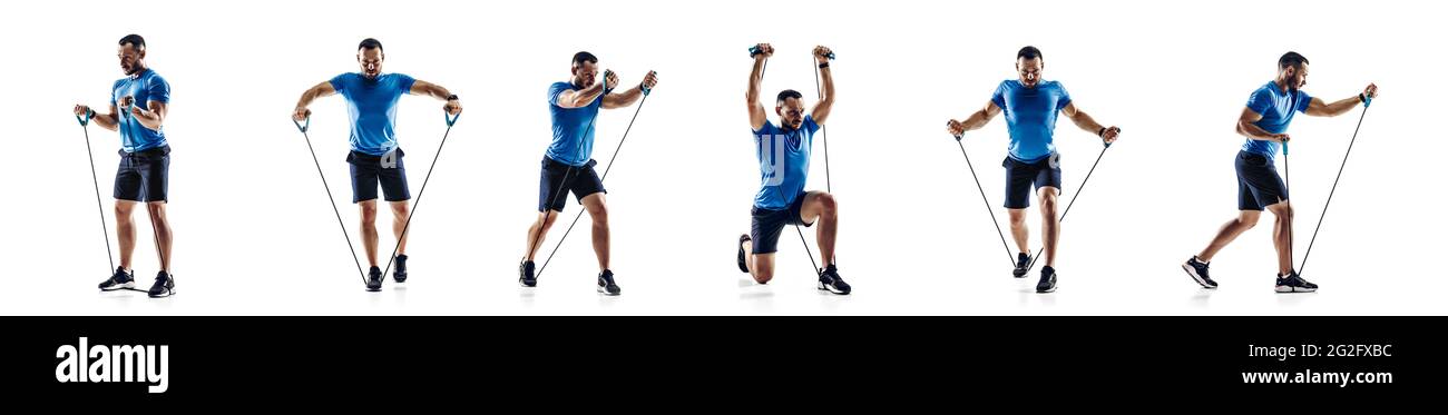 Collage about sportsman performing squats as secure resistance rope ...