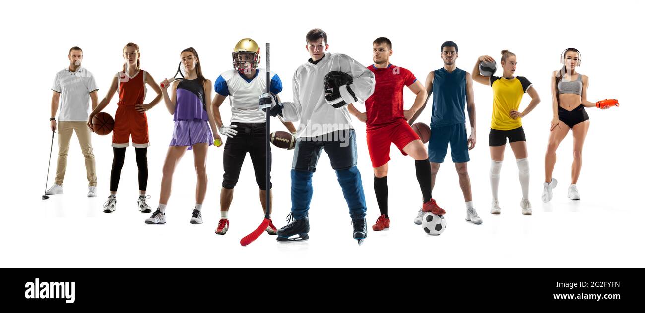 Sport collage. Tennis, soccer football, basketball players posing ...