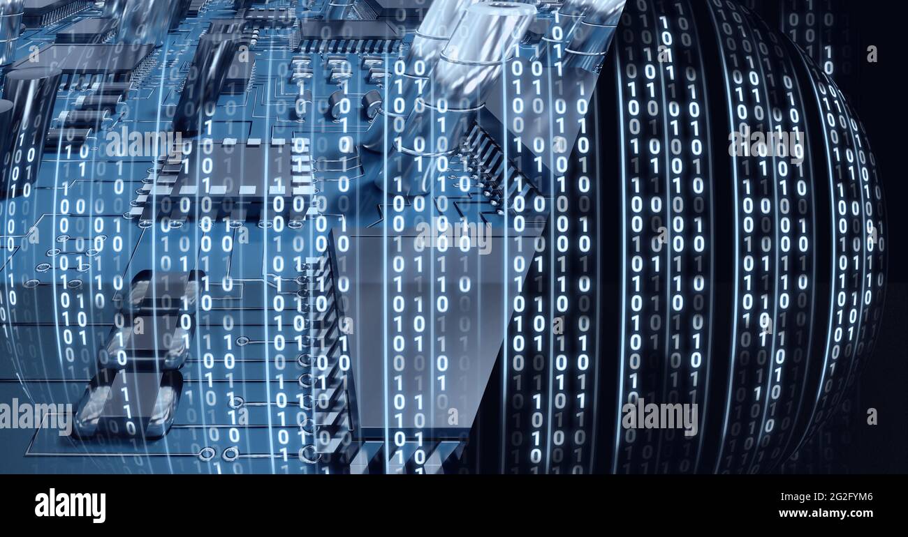 Composition of binary coding processing over computer circuit board Stock Photo - Alamy