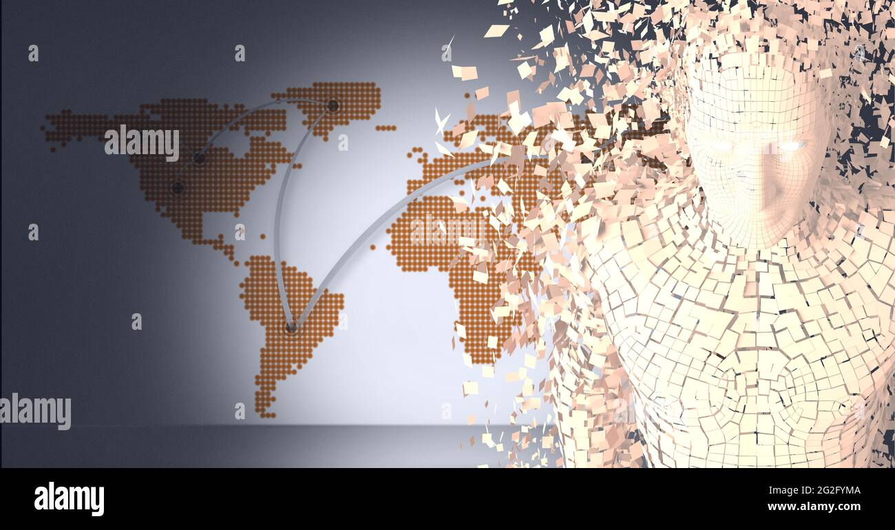 Composition Of Exploding Human Bust Formed With Particles Over World