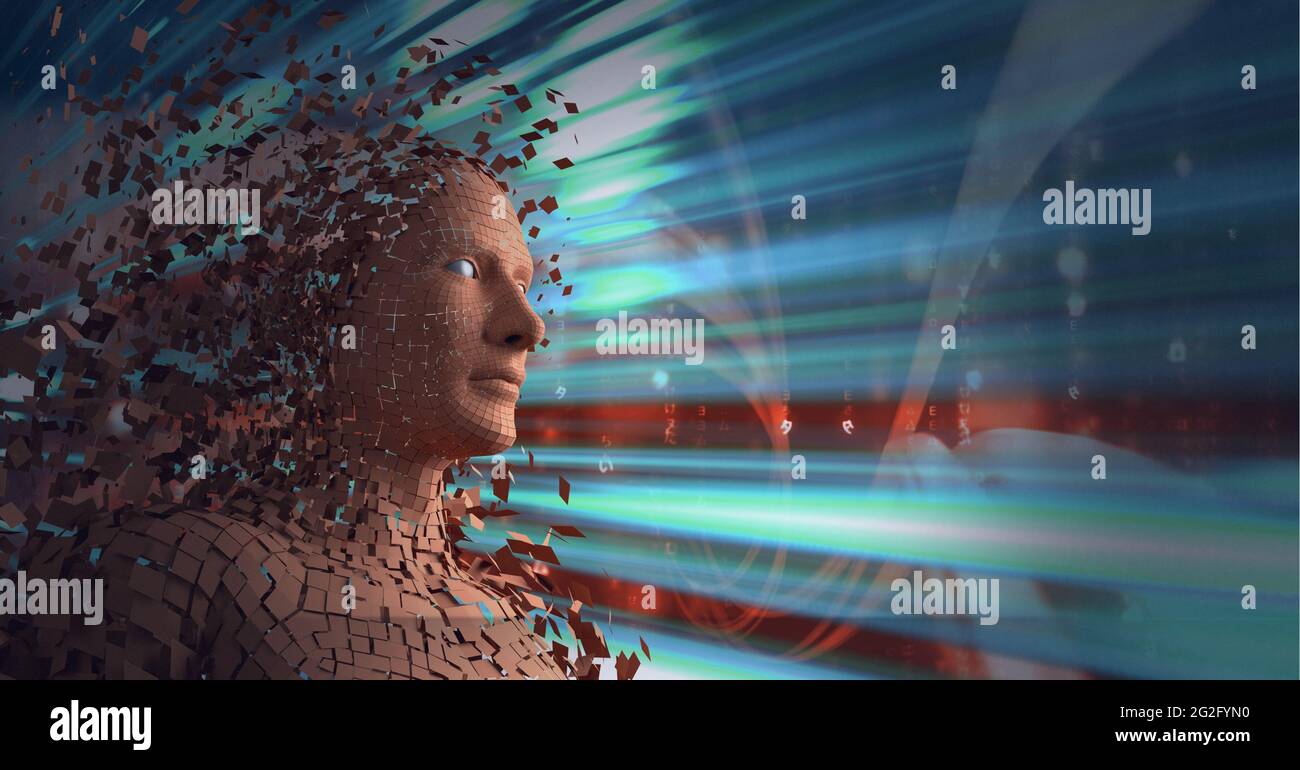 Composition of exploding human bust formed with particles over glowing ...