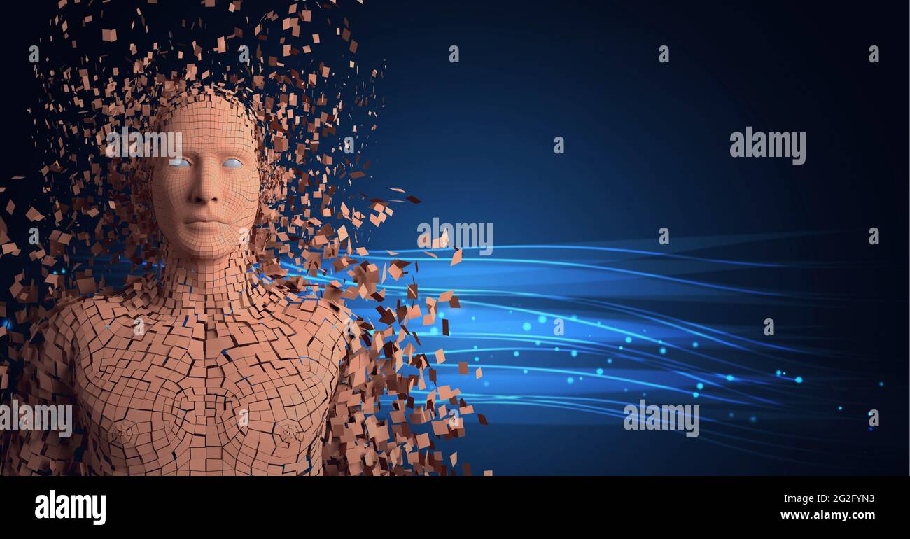 Composition of exploding human bust formed with particles over glowing ...