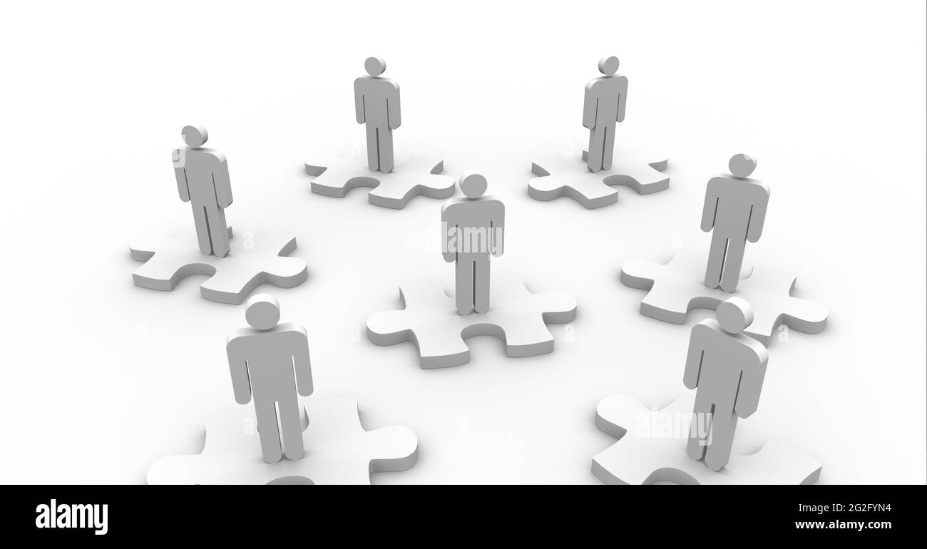 Composition of people silhouettes on jigsaw puzzle pieces o white ...