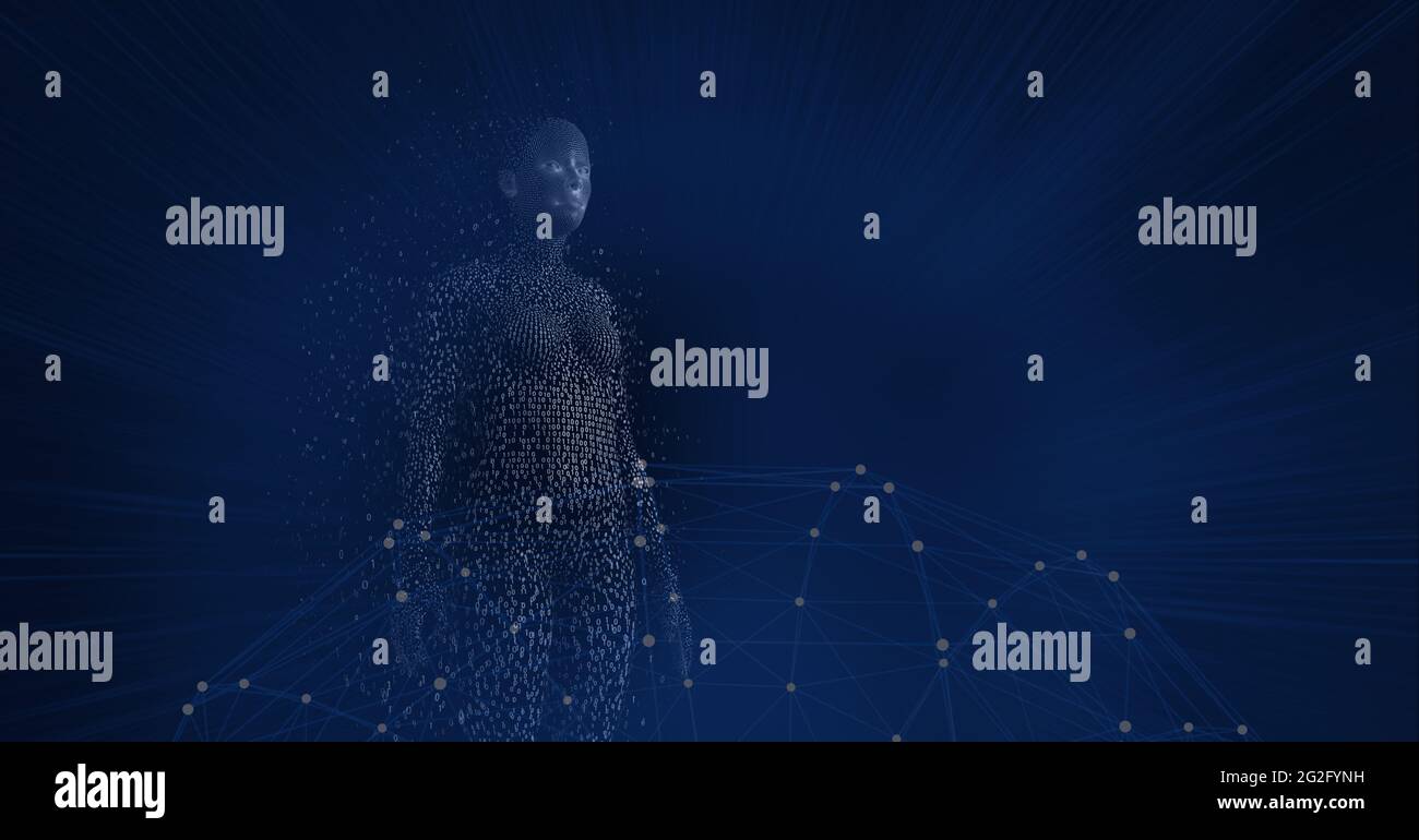 Composition of exploding human body formed with particles over network ...