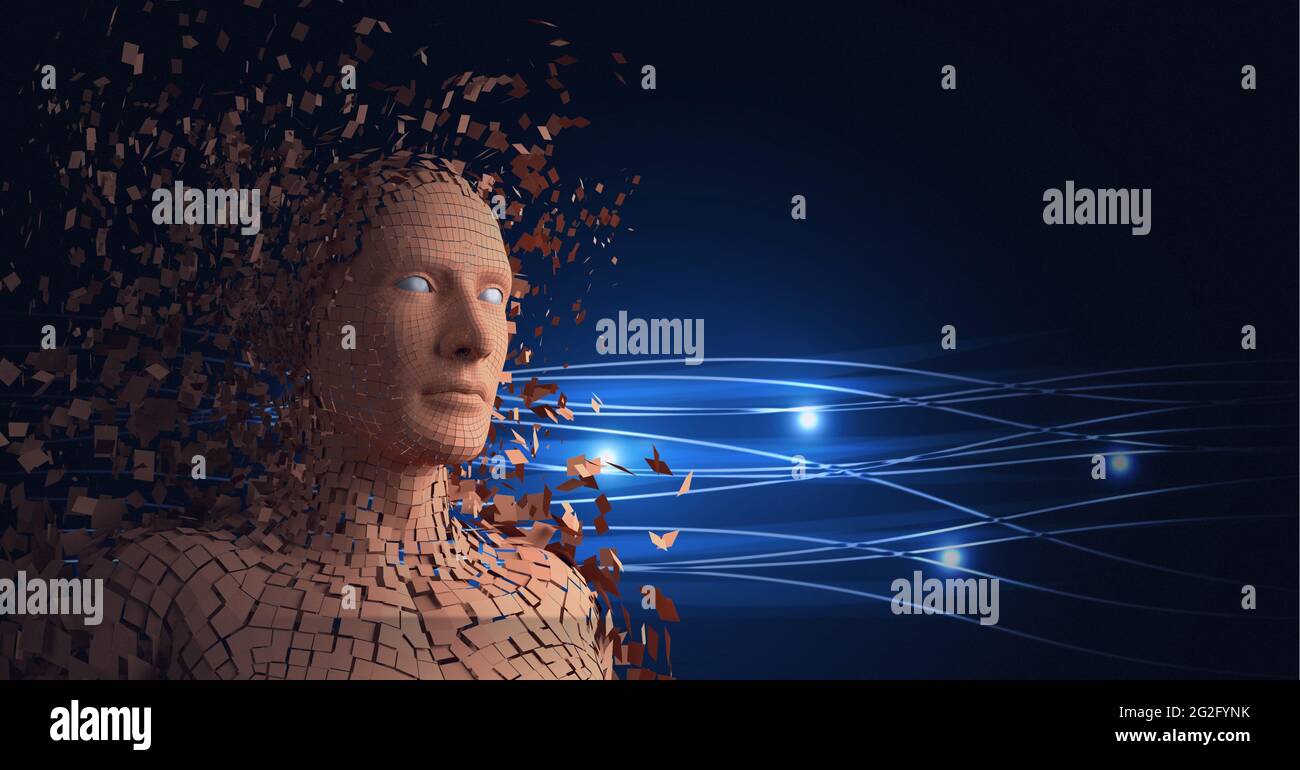 Composition of exploding human bust formed with particles over glowing ...