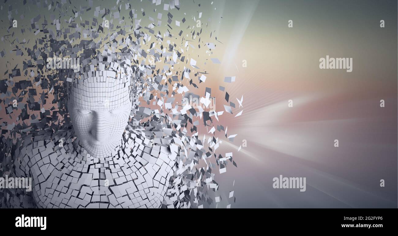 Composition of exploding human bust formed with particles over glowing ...