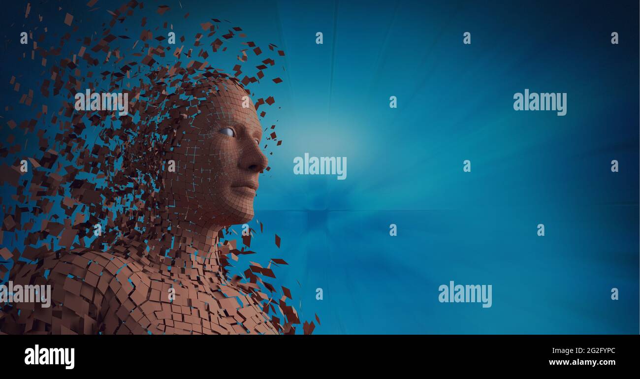 Composition of exploding human bust formed with particles over glowing ...