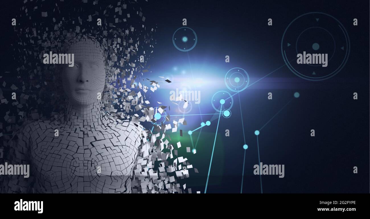 Composition Of Exploding Human Bust Formed With Particles Over Network