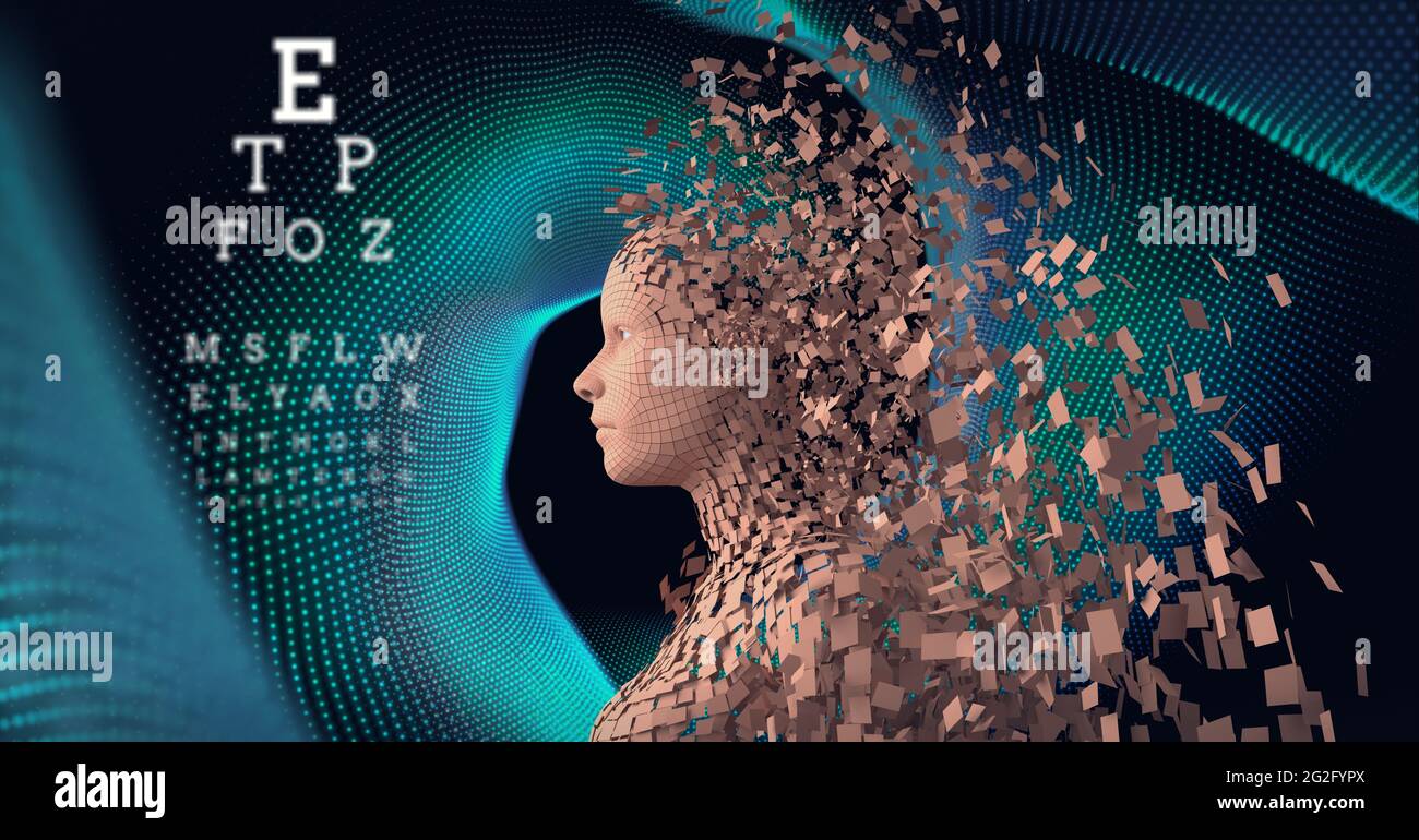 Composition of exploding human body formed with particles and eye test ...