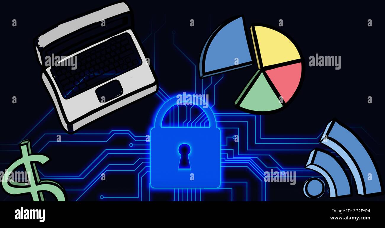 Composition of digital icons and online security padlock over computer circuit board Stock Photo ...
