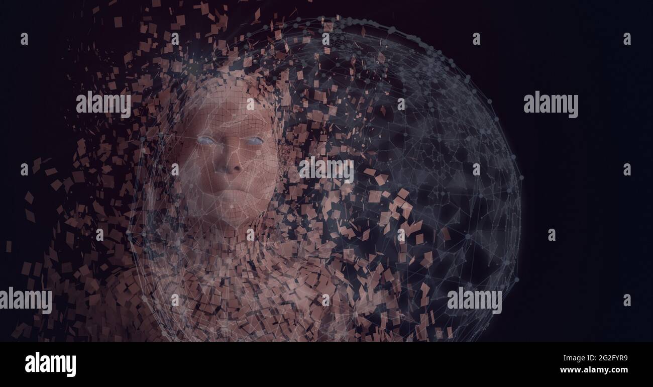 Composition Of Exploding Human Bust Formed With Particles Over Globe Of Network Of Connections