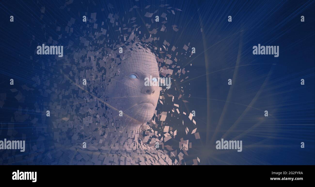Composition of exploding human bust formed with particles over network ...