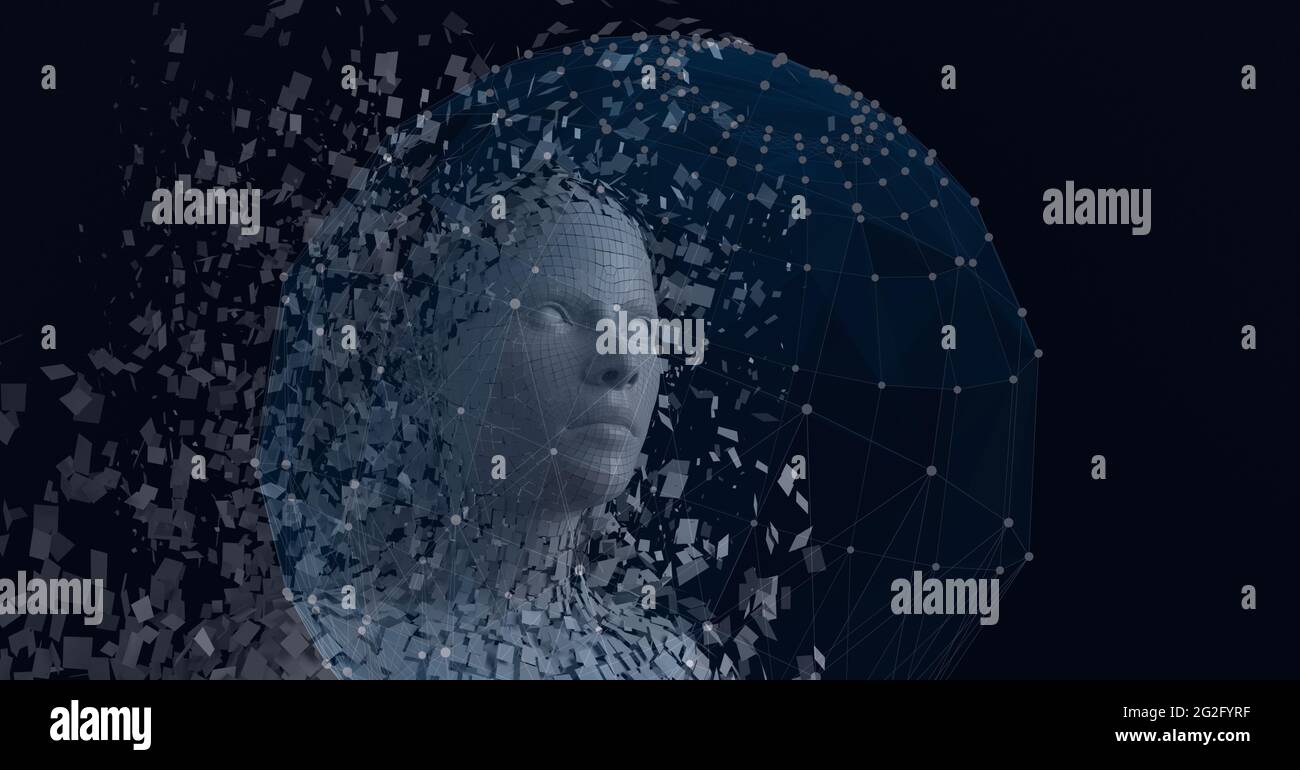 Composition Of Exploding Human Bust Formed With Particles Over Globe Of Network Of Connections