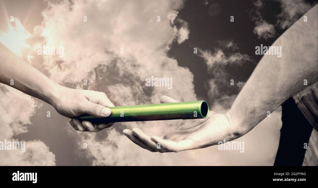 Composition of caucasian athletes passing green relay baton over clouds ...