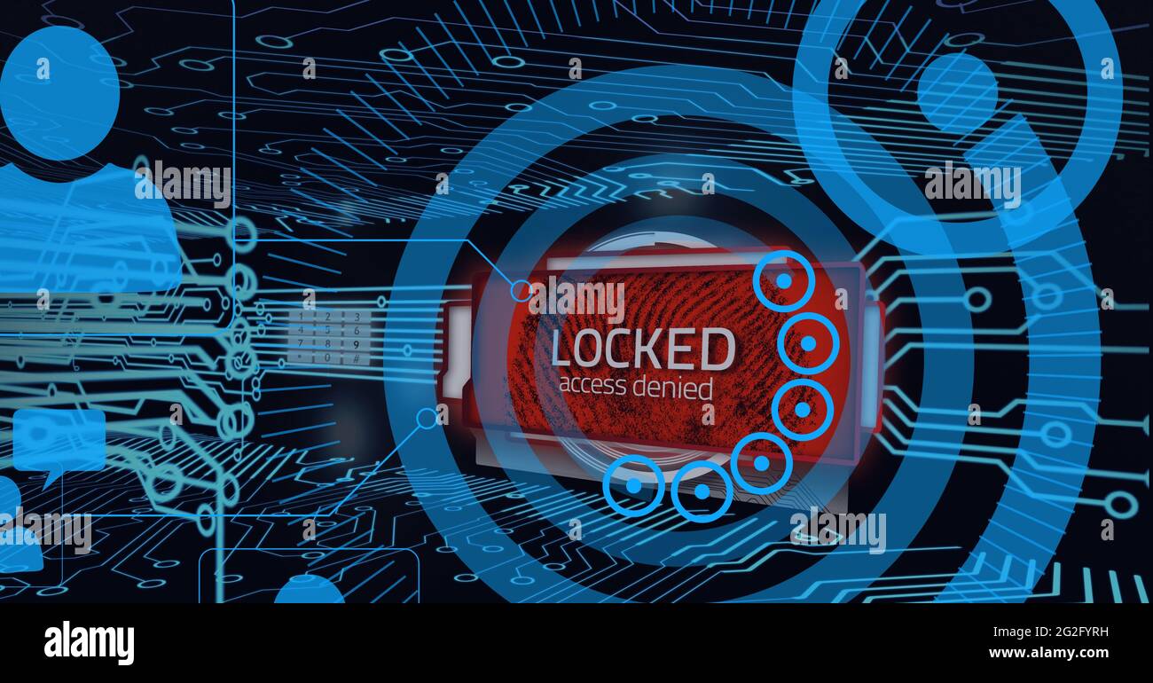 Composition Of Network Of Connections With Icons Over Locked Text And Computer Circuit Board