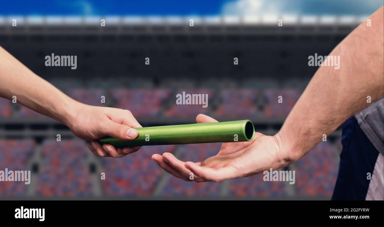 Composition of caucasian athletes passing green relay baton over sports ...