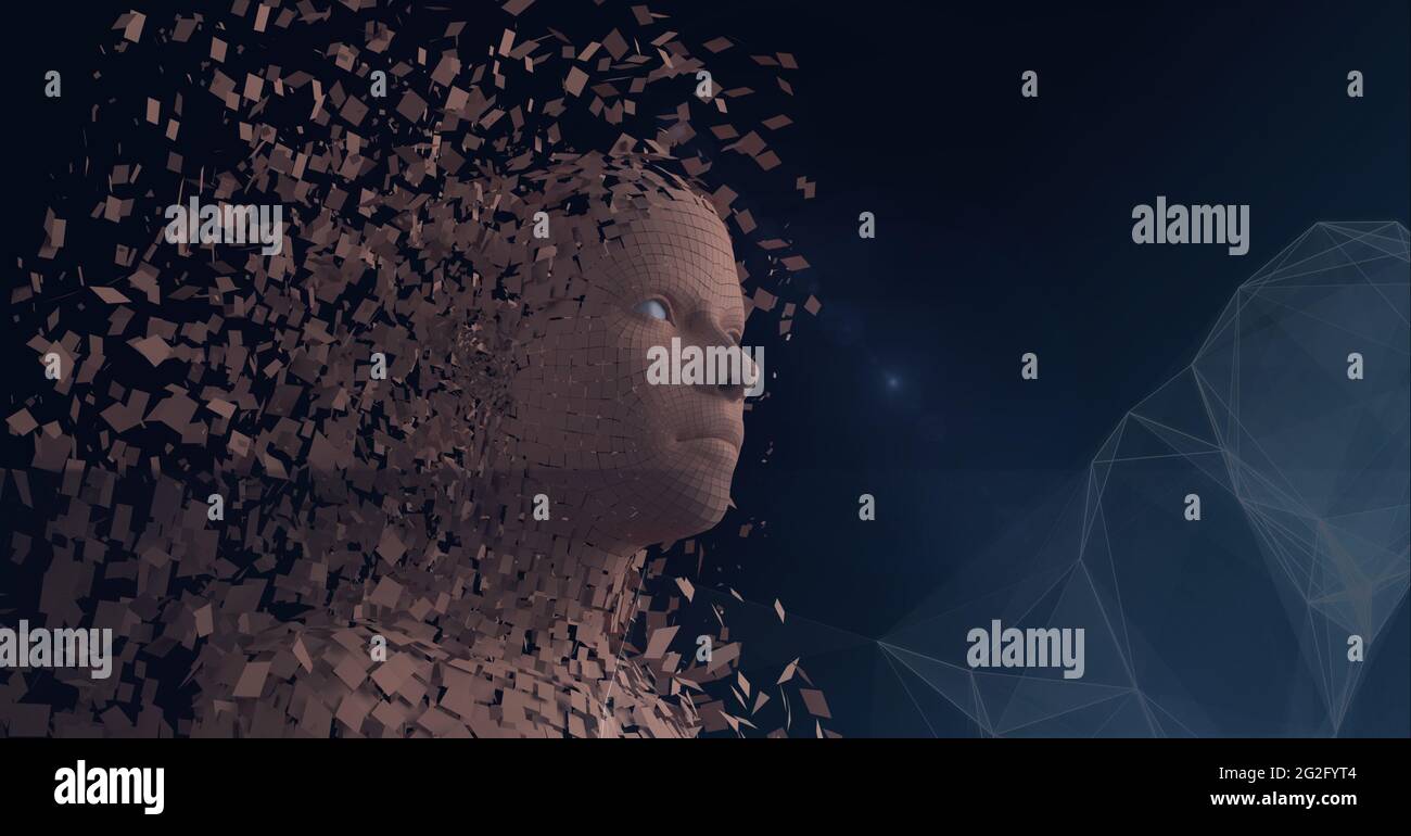 Composition of exploding human bust formed with particles over network ...