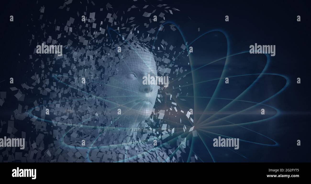 Composition Of Exploding Human Bust Formed With Particles Over Network