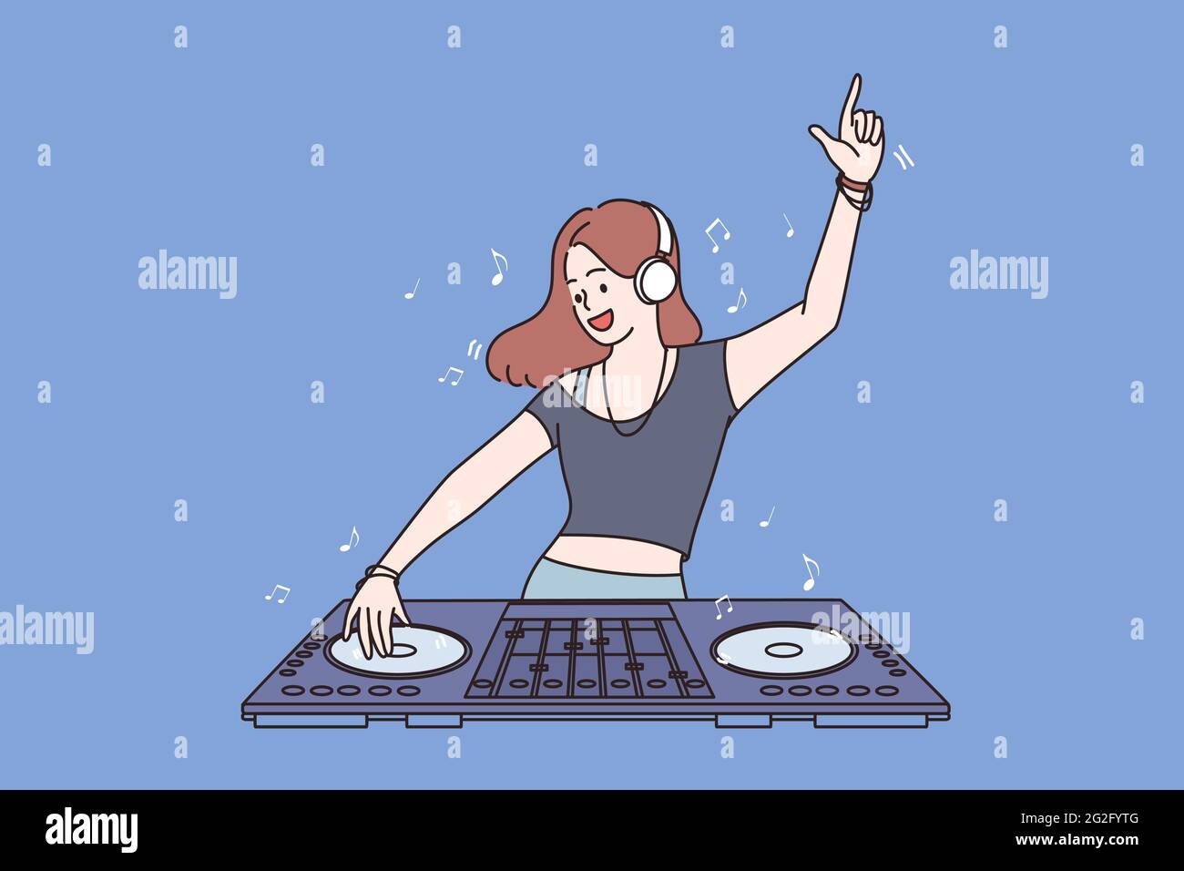 Working as dj in club concept. Young smiling girl teen cartoon ...